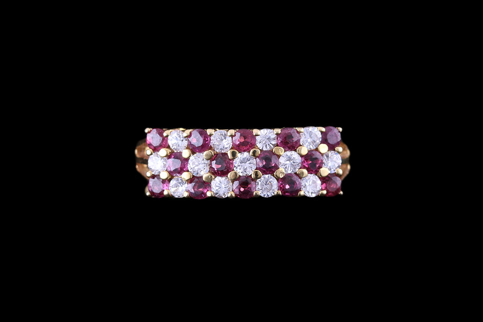 18ct Yellow Gold Ruby & Diamond Triple Row Ring – Mortimers Jewellers